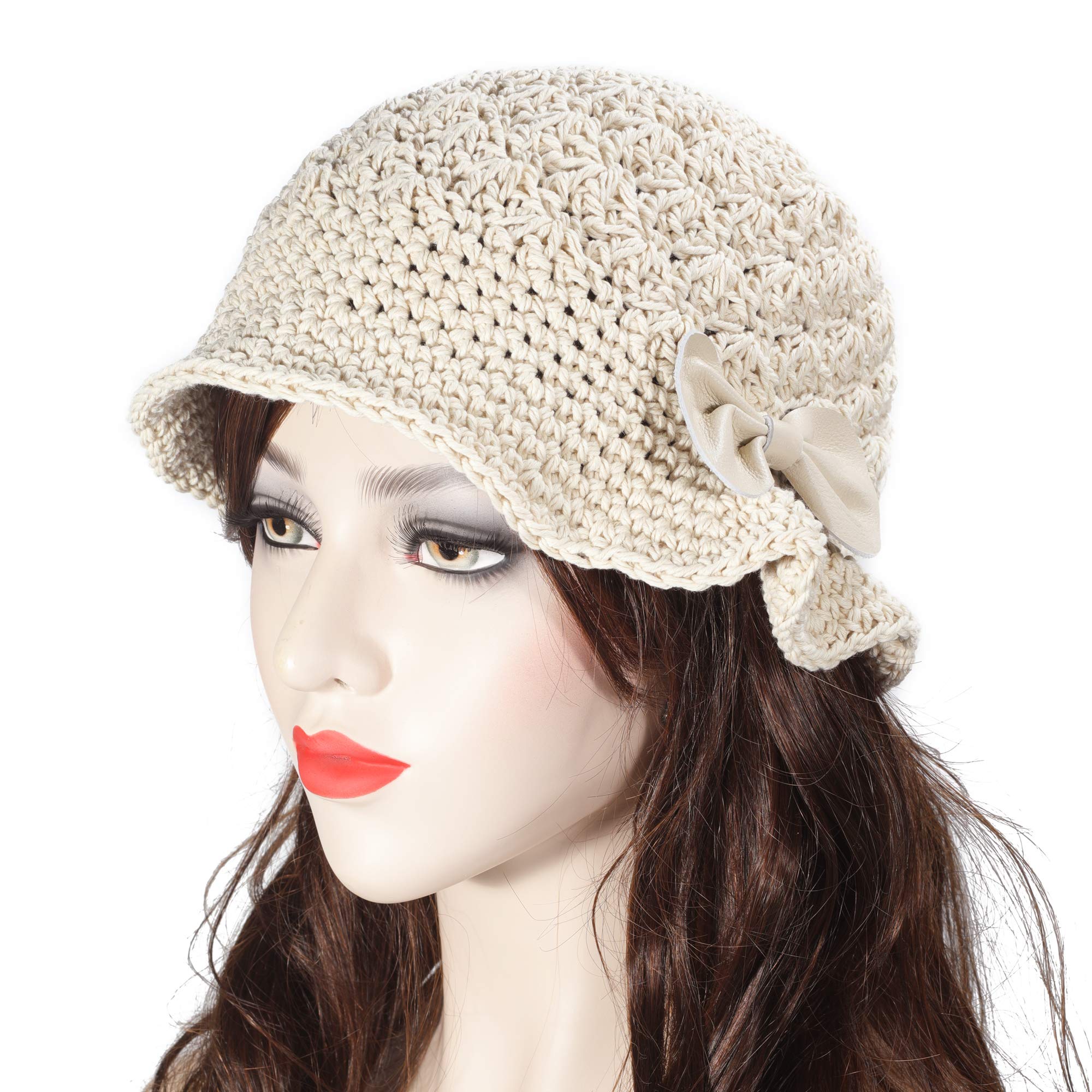 ZLYC Women Winter Crochet Bucket Hat Handmade Cotton Knit Cloche Bowler Hats (Bow Beige)