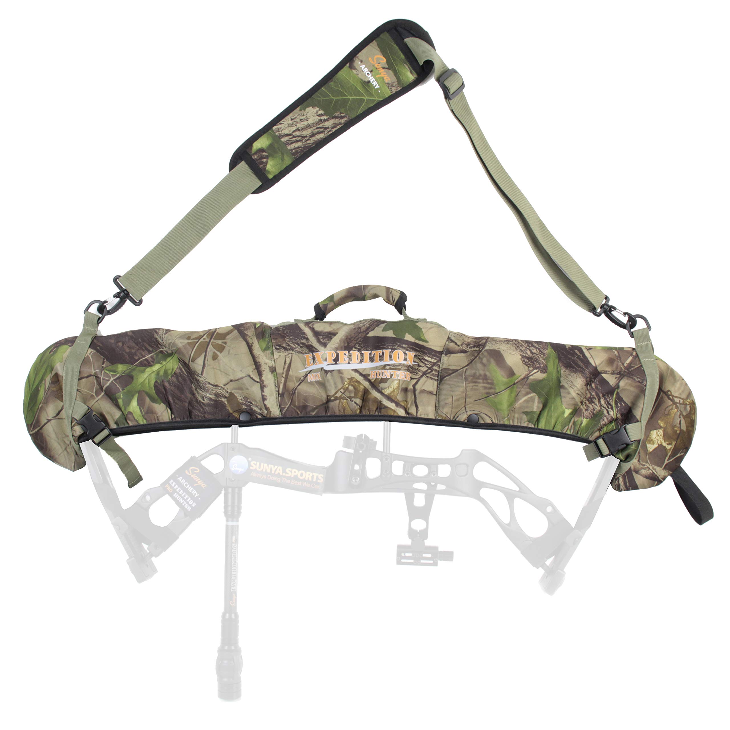 SUNYA Neoprene Compound Bow Sling, Silent Hunting or Fast Movement 2 Carrying Modes Switchable. Padded Shoulder Sling Removable & Adjustable. Camouflage Fabric. (Camo with Green Strap)