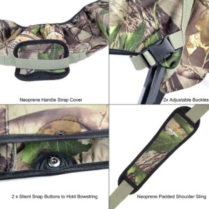 SUNYA Neoprene Compound Bow Sling, Silent Hunting or Fast Movement 2 Carrying Modes Switchable. Padded Shoulder Sling Removable & Adjustable. Camouflage Fabric. (Camo with Green Strap)