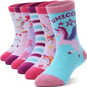 antsang kids wool hiking socks toddlers boys girls warm thick thermal crew boot heavy cozy snow cabin winter gift snowboarding socks 6 pairs (unicorn pink,1-3 y)