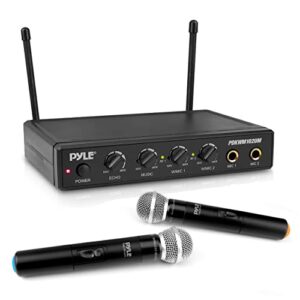 pyle wireless karaoke microphone system - portable audio sound mixer receiver set w/dual mic setting, two handheld mics, 3.5mm aux & rca cord - for dj sound, home party, & theater - pdkwm102um