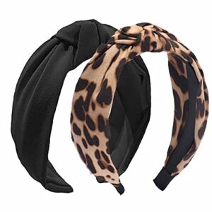 etercycle 2pcs headbands for women, bow knotted wide headband, yoga hair band fashion elastic hair accessories for women (black, leopard)