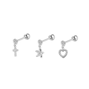 tiny dangle heart cross flower 20g ear cartilage helix surgical stainless steel cubic zirconia studs earrings screw backs ear tragus auricle nose lip piercing jewelry gifts bff birthday (silver)