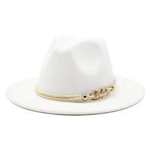 gossifan lady fashion wide brim felt fedora panama hat with ring belt a-white