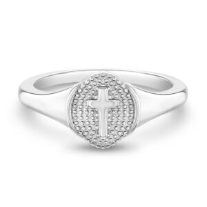 925 sterling silver size 4 small classic signet religious cross rings for children & young girls - beautiful oval shape plain cross ring band for preteens - faithful girl's accessories for daily wear