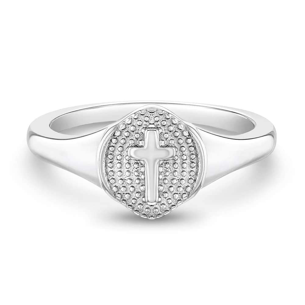 925 Sterling Silver Size 4 Small Classic Signet Religious Cross Rings for Children & Young Girls - Beautiful Oval Shape Plain Cross Ring Band for Preteens - Faithful Girl's Accessories for Daily Wear