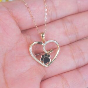 SISGEM 14k Yellow Gold Heart Pendant Necklace for Women, Real Gold Dog Cat Paw Print Jewelry Gifts for Her, 16+1+1 Inch