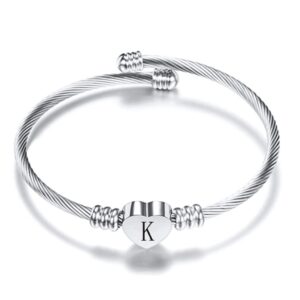 vqysko silver heart initials bracelet-a-z stainless steel engraved charm bracelet, woman jewelry birthday festival gift (silver k)