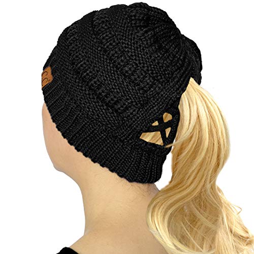 C.C Beanie for Women Criss Cross Ponytail Messy Buns Knit Stretchy Beanie Winter Cap Hat (Solid Black)