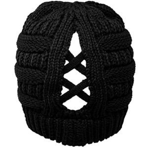 C.C Beanie for Women Criss Cross Ponytail Messy Buns Knit Stretchy Beanie Winter Cap Hat (Solid Black)