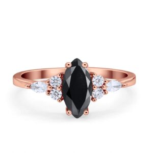 blue apple co. rose tone, simulated black cz size-9 art deco vintage style marquise wedding engagement bridal ring round simulated cubic zirconia 925 sterling silver