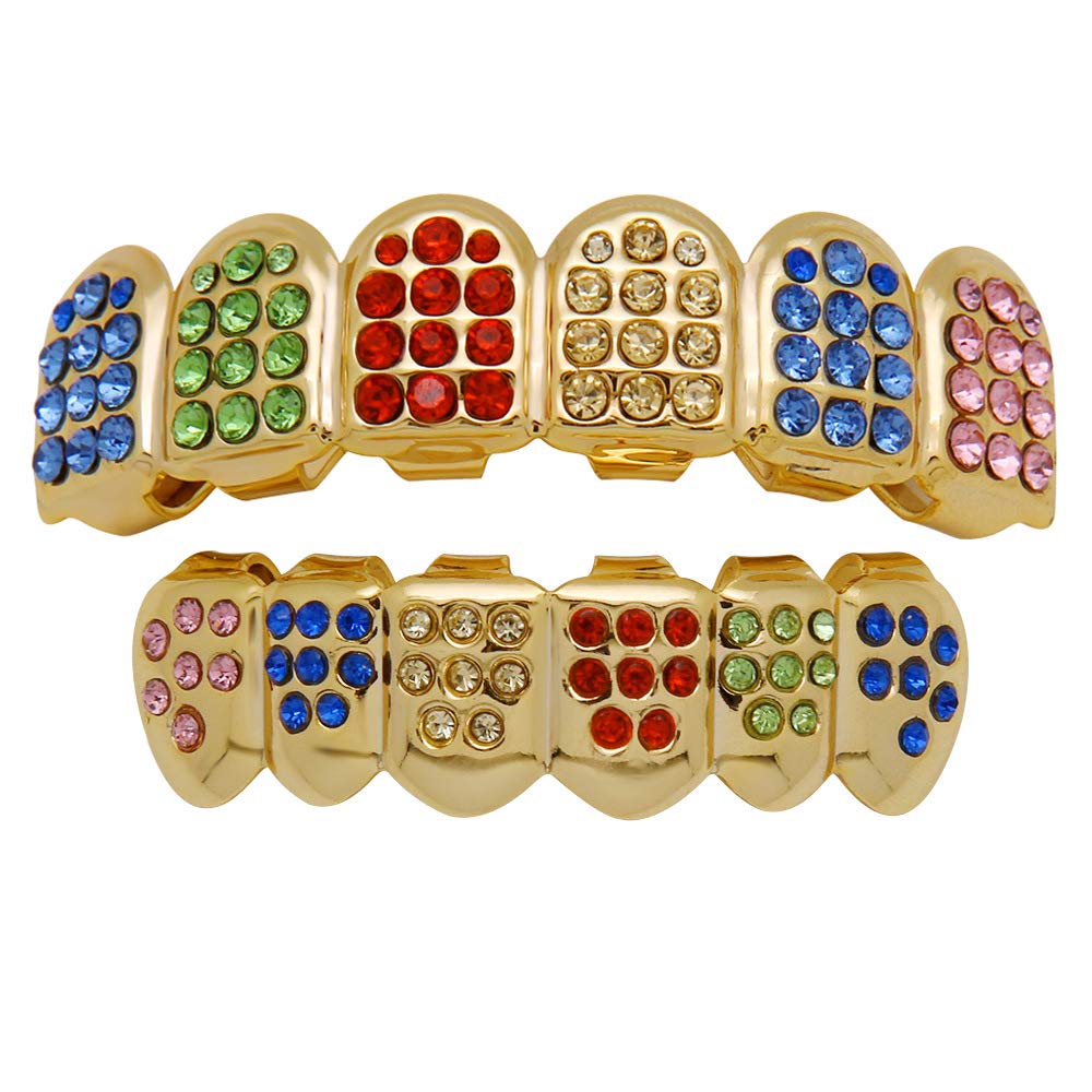 Vpang 18K Gold Plated Hip Hop Teeth Grillz Caps Iced Out CZ Face Diamond Top and Bottom Grillz Set for Men Women (Colorful)