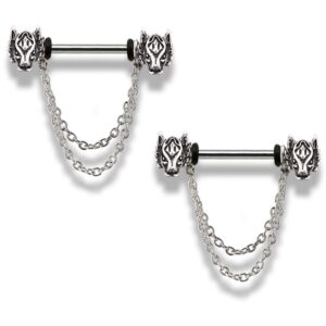 pierced owl 14g stainless steel wolf head dangling chain nipple barbells, sold as a pair