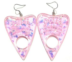 pink translucent holographic ouija board planchette earrings on hypoallergenic ear hooks- pastel goth