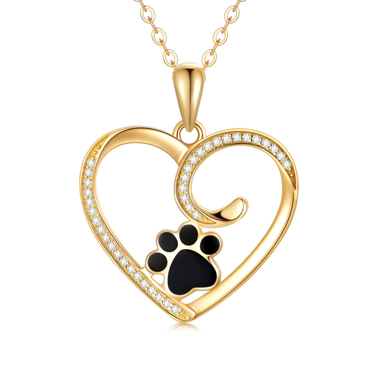 SISGEM 14k Yellow Gold Heart Pendant Necklace for Women, Real Gold Dog Cat Paw Print Jewelry Gifts for Her, 16+1+1 Inch