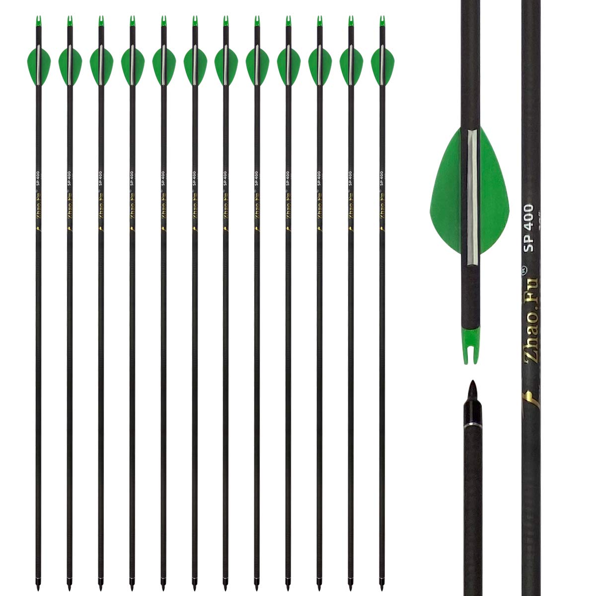 Zhao.Fu 29 Inch Carbon Arrow Practice Hunting Arrows Spine 400 with Removable Tips for Archery Compound & Recurve & Traditional Bow (12 Pcs)