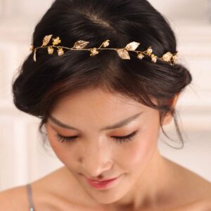 Kercisbeauty Gold Leaf Headband for Women Wedding Bridal Boho Hair Piece Dainty Hair Accessories for Special Occasion