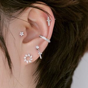 Tiny Dangle Heart Cross Flower 20g Ear Cartilage Helix Surgical Stainless Steel Cubic Zirconia Studs Earrings Screw Backs Ear Tragus Auricle Nose Lip Piercing Jewelry Gifts Bff Birthday (silver)