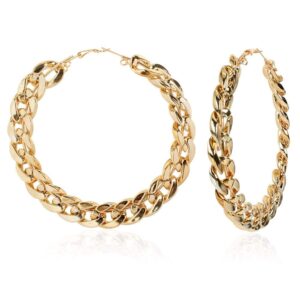 Aimimier Punk Chunky Cuban Chain Hoop Earrings Geometric Large Round Loop Earrings Wedding Prom Party Festival Jewelry for Women(Gold)