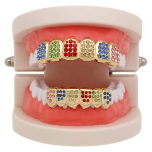 Vpang 18K Gold Plated Hip Hop Teeth Grillz Caps Iced Out CZ Face Diamond Top and Bottom Grillz Set for Men Women (Colorful)