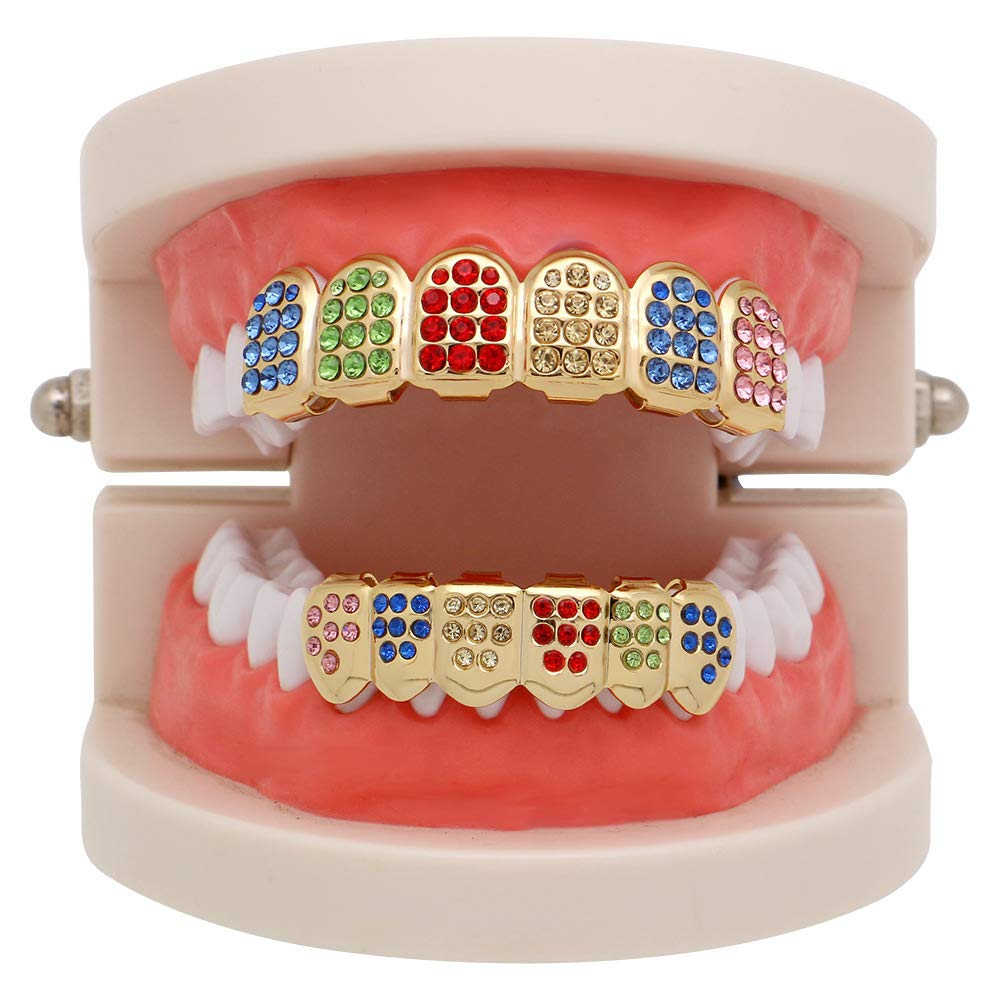 Vpang 18K Gold Plated Hip Hop Teeth Grillz Caps Iced Out CZ Face Diamond Top and Bottom Grillz Set for Men Women (Colorful)