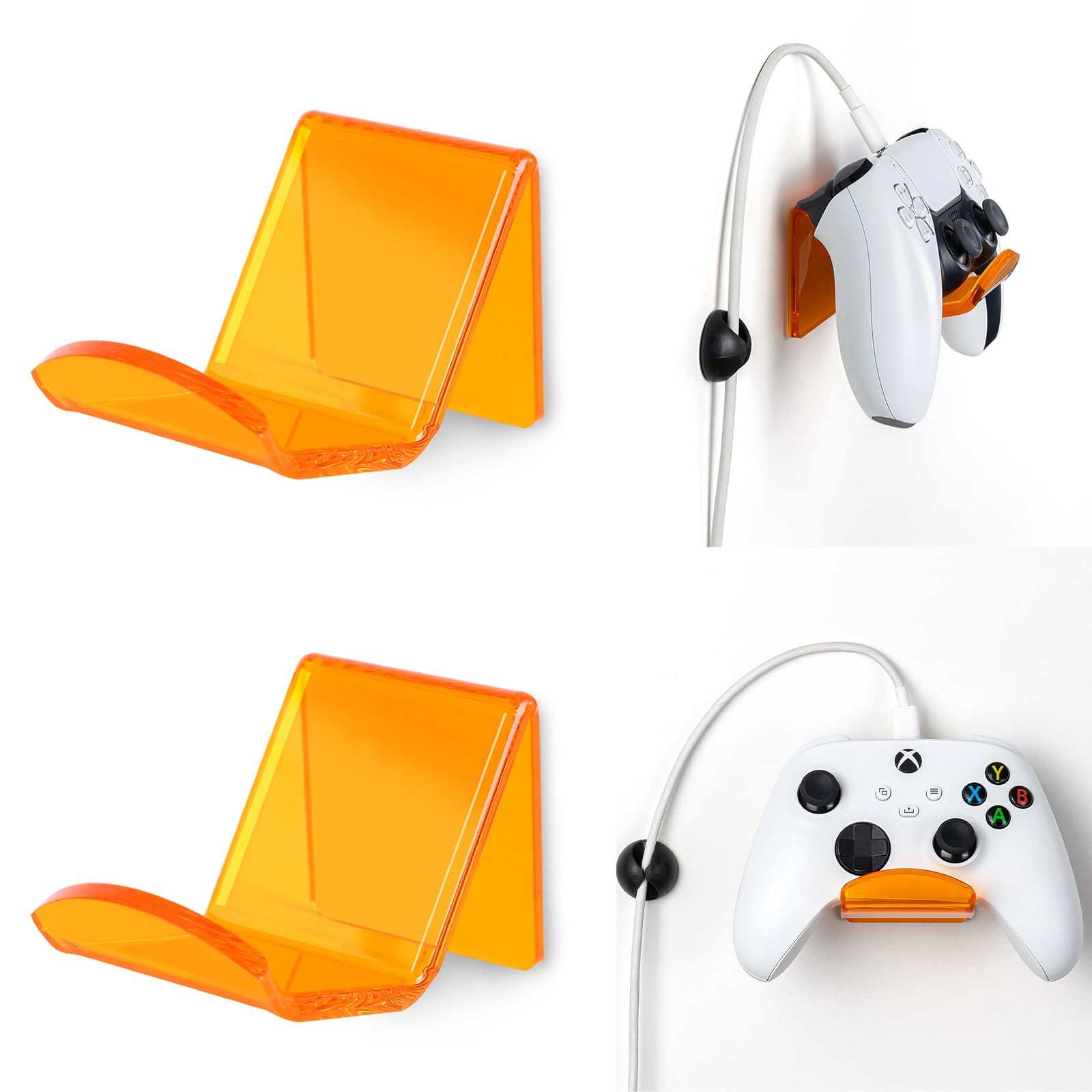 OAPRIRE Universal Controller Holder Wall Mount 2 Pack, Acrylic Controller Stand Gaming Accessories with Cable Clips, Build Your Game Fortresses (Orange)