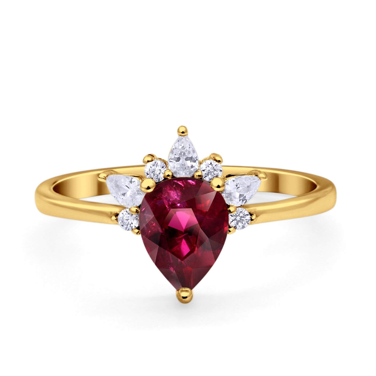 Blue Apple Co. Yellow Tone, Simulated Ruby CZ Size-6 Art Deco Teardrop Wedding Engagement Bridal Ring Vintage Pear Round Simulated Cubic Zirconia 925 Sterling Silver