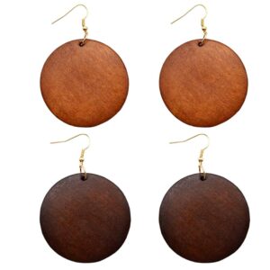 2 pairs wooden earrings for women - big round circle geometric wood drop dangle hook earrings,ethnic wood drop earrings stainless steel stud (brown and dark brown)