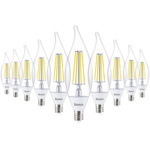 sunco 10 pack dusk to dawn candelabra ca11 led light bulbs outdoor, 5w equivalent 40w, cri90 2700k white, candle flame tip, photocell sensor, decorative filament, 500 lumens, e12 base ul