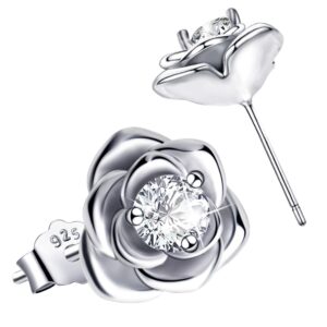 rose flower stud earrings for sterling silver with gold plated hypoallergenic jewelry cubic zirconia studs earring, birthday gifts for women(white)