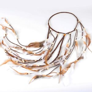 Gangel Bohemian Feather Hairband Gypsy Headband with White and Brown Feather Tassel Hemp Rope for Festival Masquerades, Carnival, Hippie Costume, Women's Prom Accessories