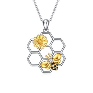 luhe bee necklace 925 sterling silver honeycomb cute flower pendant necklaces for women christmas gifts for her (bee necklace)