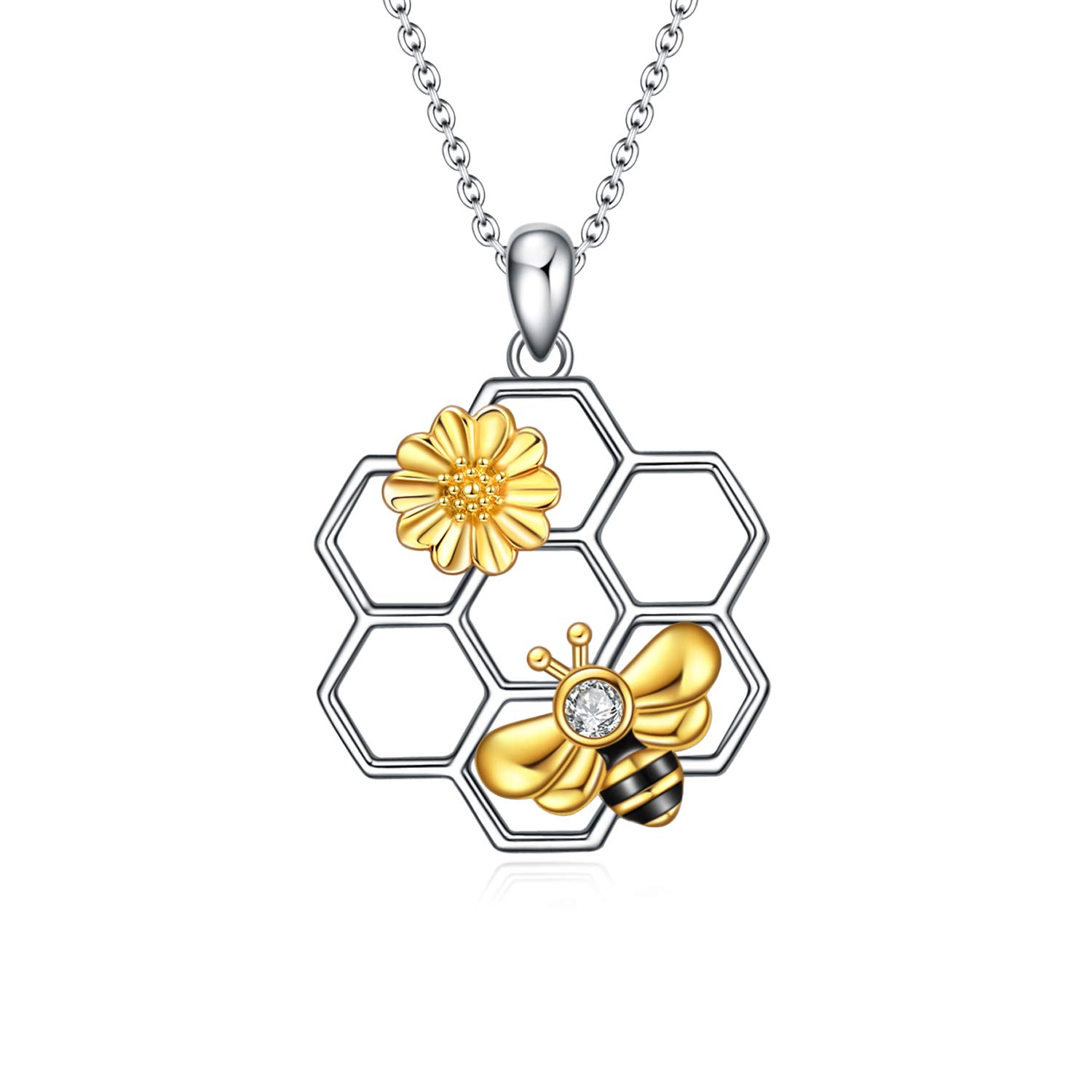 LUHE Bee Necklace 925 Sterling Silver Honeycomb Cute Flower Pendant Necklaces for Women Christmas Gifts for Her (Bee necklace)