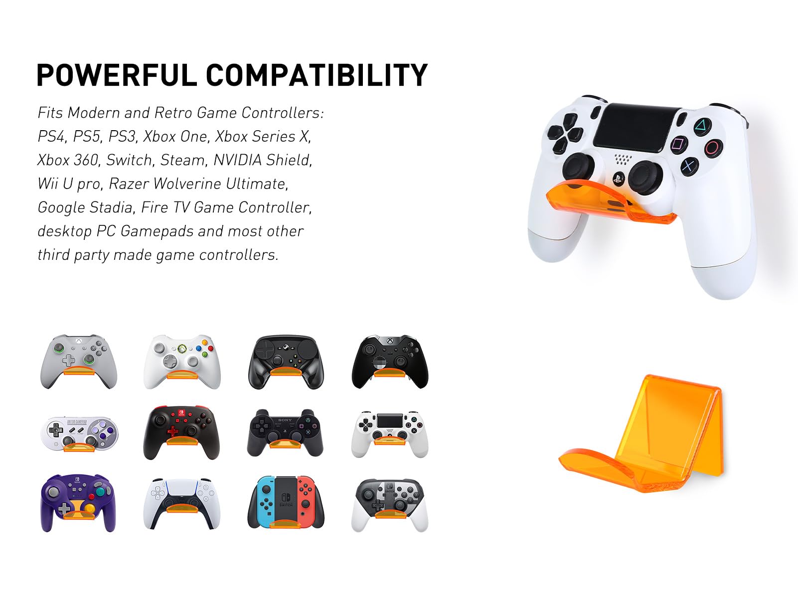 OAPRIRE Universal Controller Holder Wall Mount 2 Pack, Acrylic Controller Stand Gaming Accessories with Cable Clips, Build Your Game Fortresses (Orange)