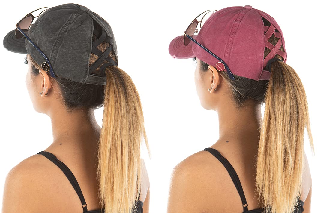 Funky Junque Criss Cross Hat w/Buttons Bundle - Black & Burgundy (2 Pack)