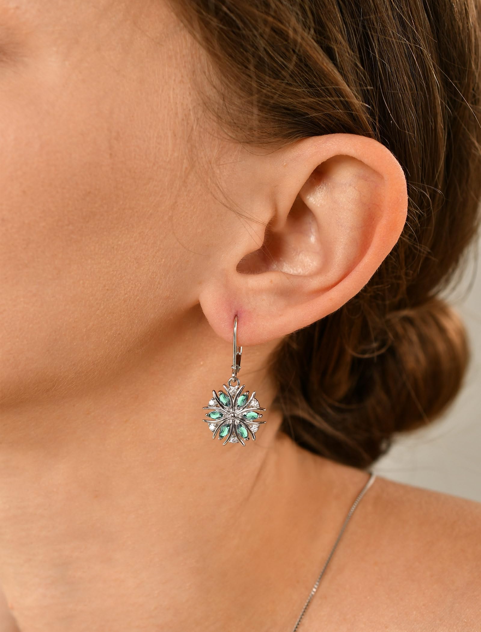 YL Snowflakes Earrings Sterling Silver Dangle Drop Earrings Created Emerald Leverback Jewelry for Women