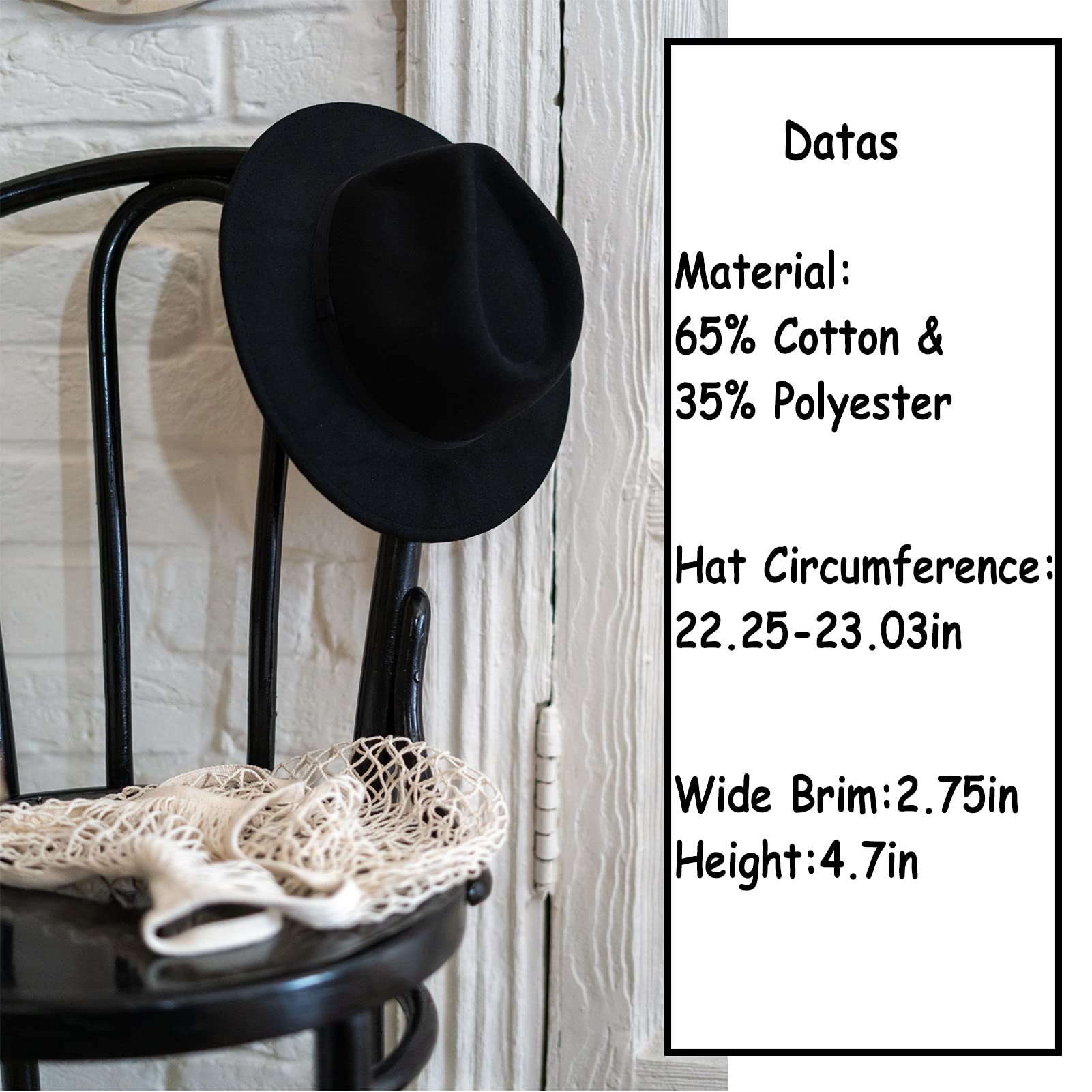 Gossifan Lady Fashion Wide Brim Felt Fedora Panama Hat with Ring Belt Black