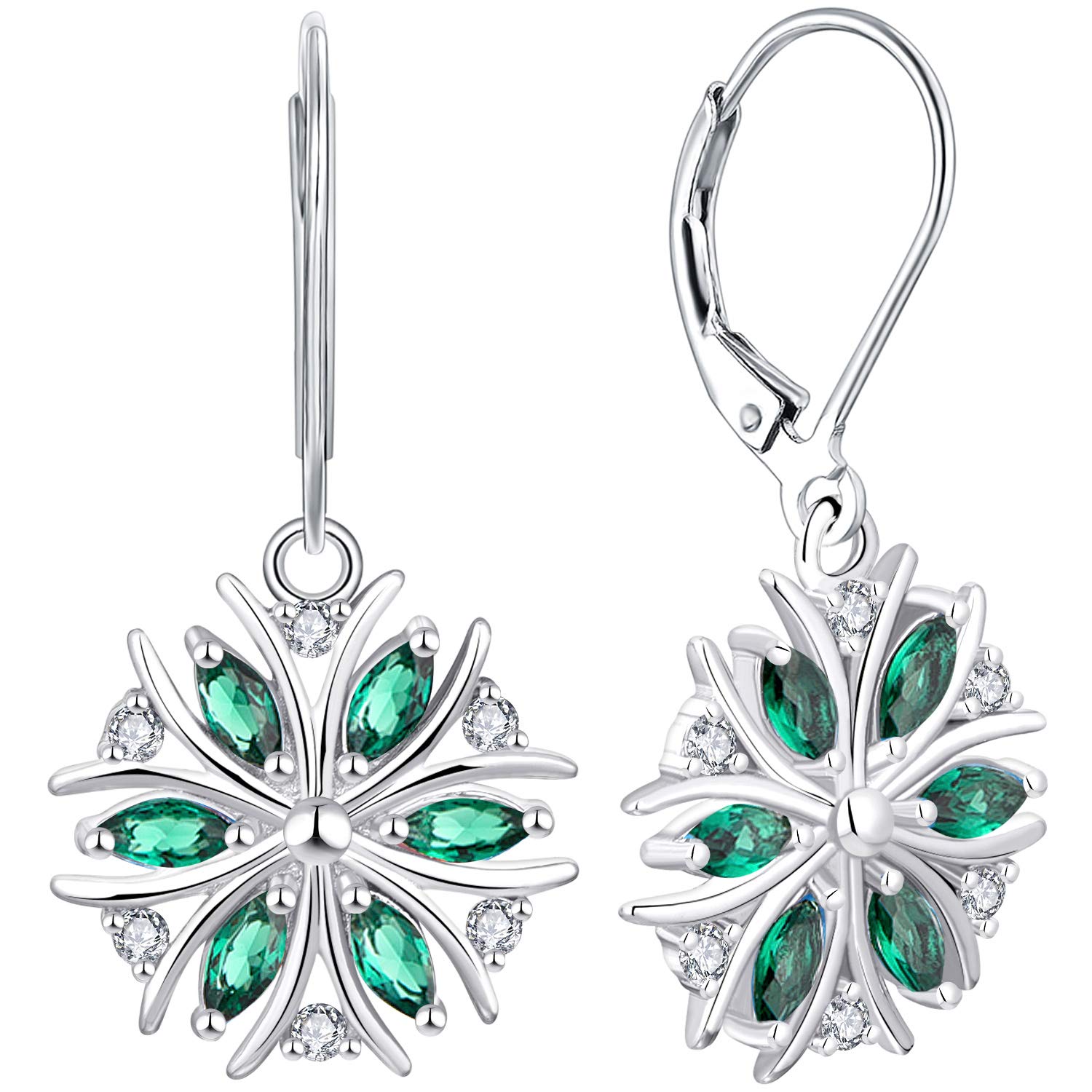 YL Snowflakes Earrings Sterling Silver Dangle Drop Earrings Created Emerald Leverback Jewelry for Women