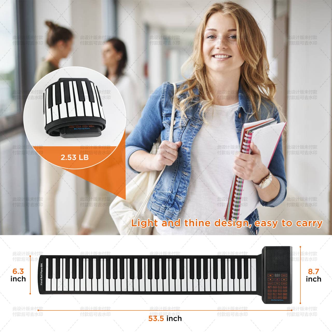 Roll-up Piano 61 keys,Electronic Hand Roll Portable Piano with 128 Unique Tones and Built-in Speaker, Upgraded Waterproof Silicone Fold able Piano Keyboard for Beginners and Kids