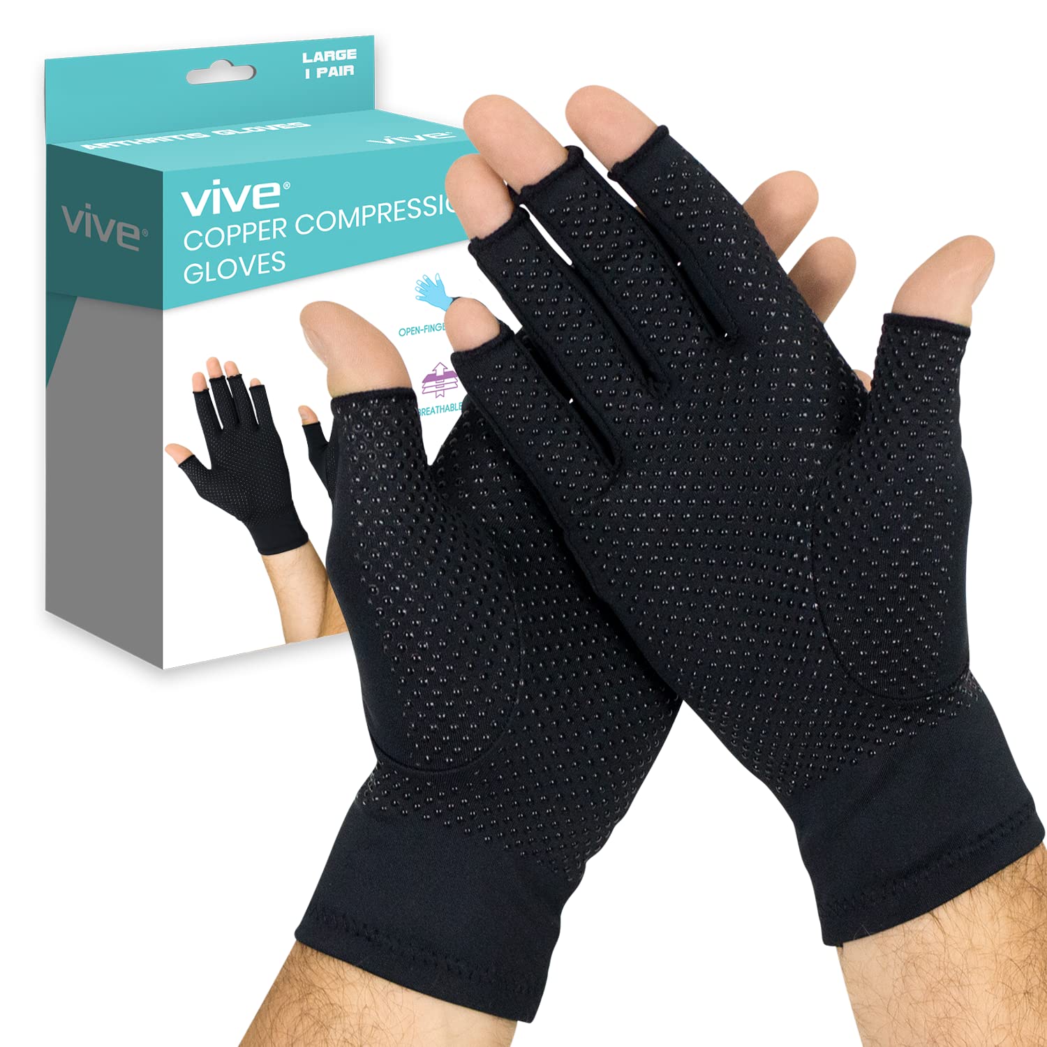 Vive Fingerless Arthritis Gloves for Men & Women Made w/Copper Infused Fabric - Therapeutic Compression for Swelling, Carpal Tunnel, Tendonitis, Edema, & Finger Pain - Comfortable Non-Slip (Large)