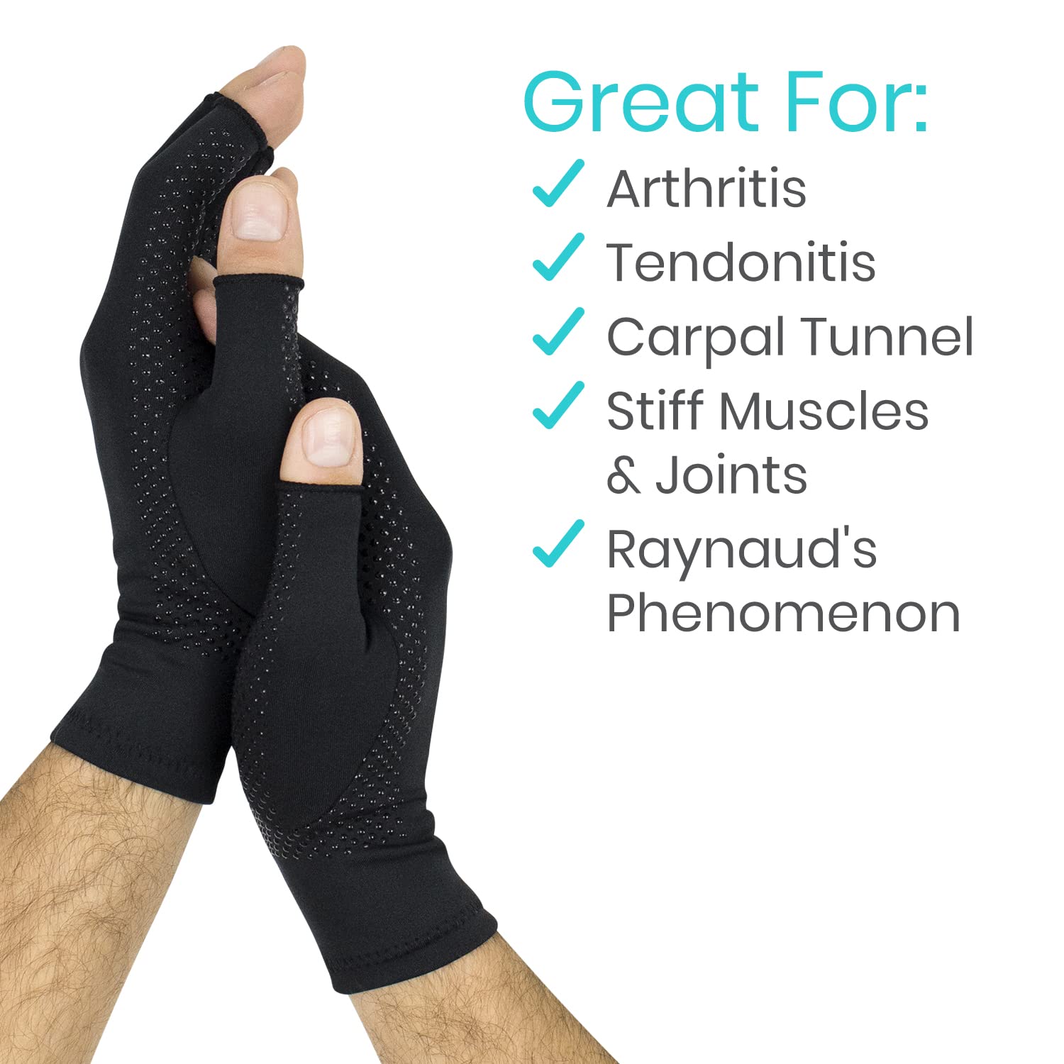 Vive Fingerless Arthritis Gloves for Men & Women Made w/Copper Infused Fabric - Therapeutic Compression for Swelling, Carpal Tunnel, Tendonitis, Edema, & Finger Pain - Comfortable Non-Slip (Large)