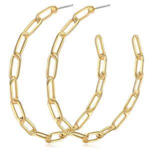 nlcac 14k gold chain hoop earrings chic shiny gold paperclip chain link big hoop earrings for women (gold)