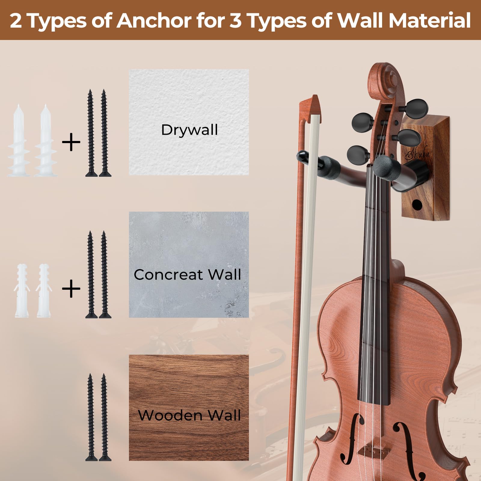 Violin Wall Mount Hanger, Ohuhu Hardwood Violin Hanger with Bow Holder for Home & Studio