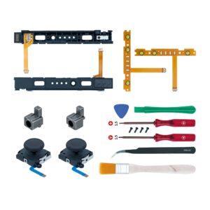 mcbazel 18 in 1 replacement repair kit for n-switch joy-con with screwdrivers opening tool, 3d left right analog joysticks, buckle lock, charging port slider, button sync flex cable set