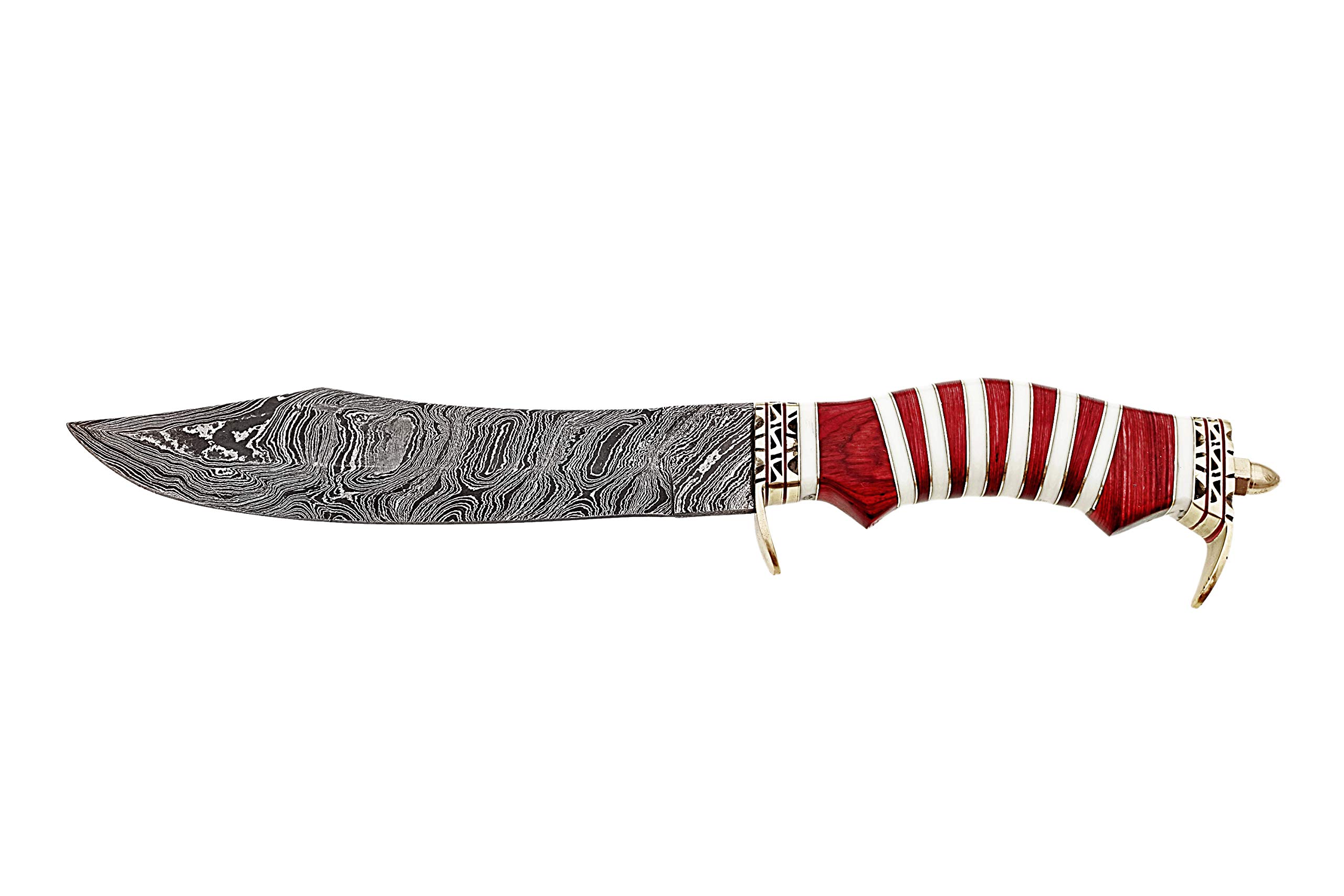 Damascus Steel Hunting Knife - Fixed Blade Knives with Sheath - Handle Combination of Walnut Wood and Camel Bone with Brass Spacer (RW)