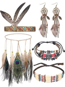 hicarer 5 pieces indian native american jewelry set includes feather headdress faux peacock feather hair band boho dream catcher dangle earrings choker necklace bracelet for women catcher tassel