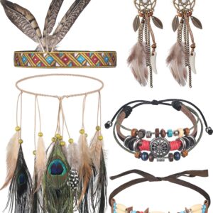 Hicarer 5 Pieces Indian Native American Jewelry Set Includes Feather Headdress Faux Peacock Feather Hair Band Boho Dream Catcher Dangle Earrings Choker Necklace Bracelet for Women Catcher Tassel