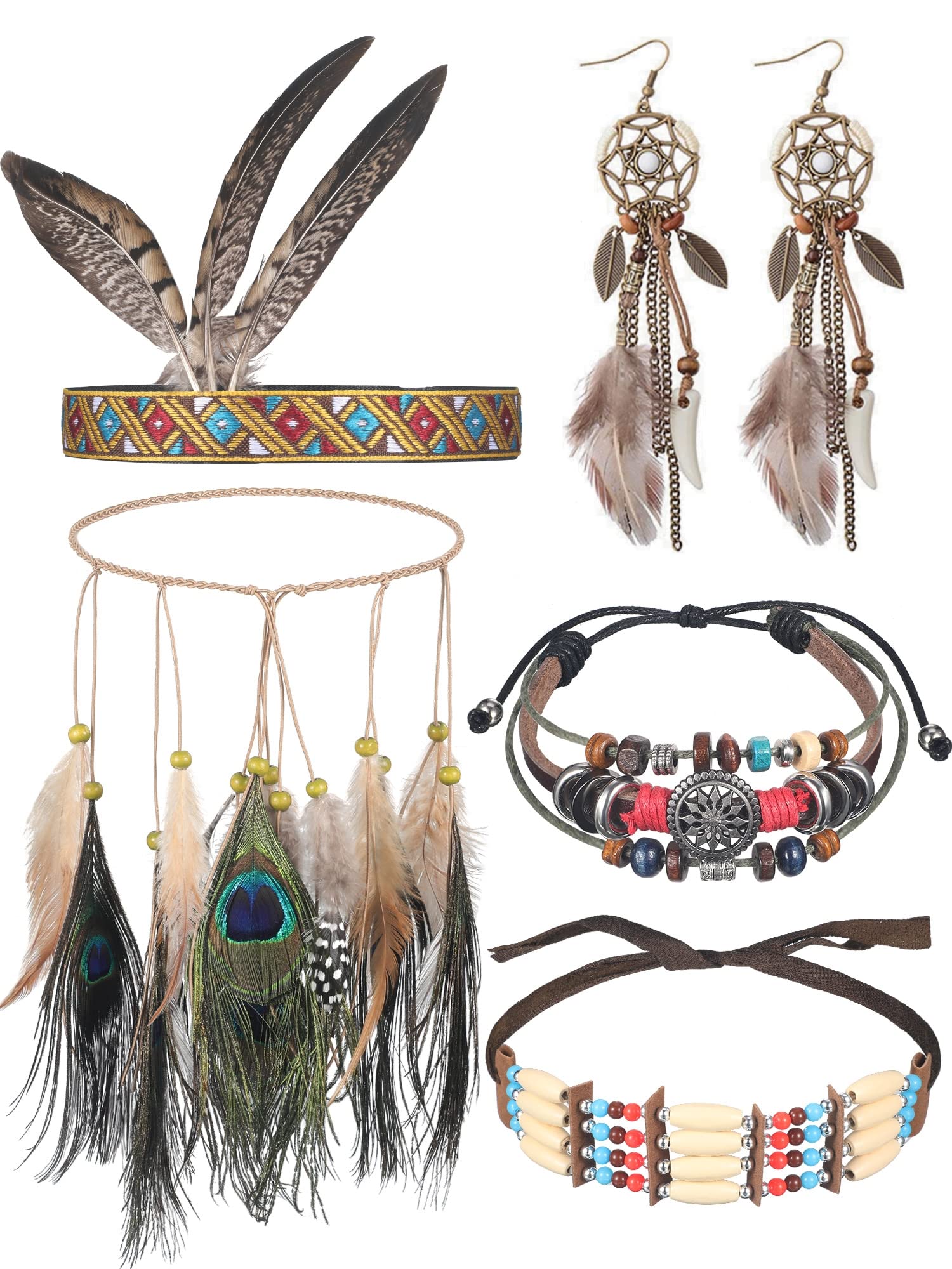 Hicarer 5 Pieces Indian Native American Jewelry Set Includes Feather Headdress Faux Peacock Feather Hair Band Boho Dream Catcher Dangle Earrings Choker Necklace Bracelet for Women Catcher Tassel