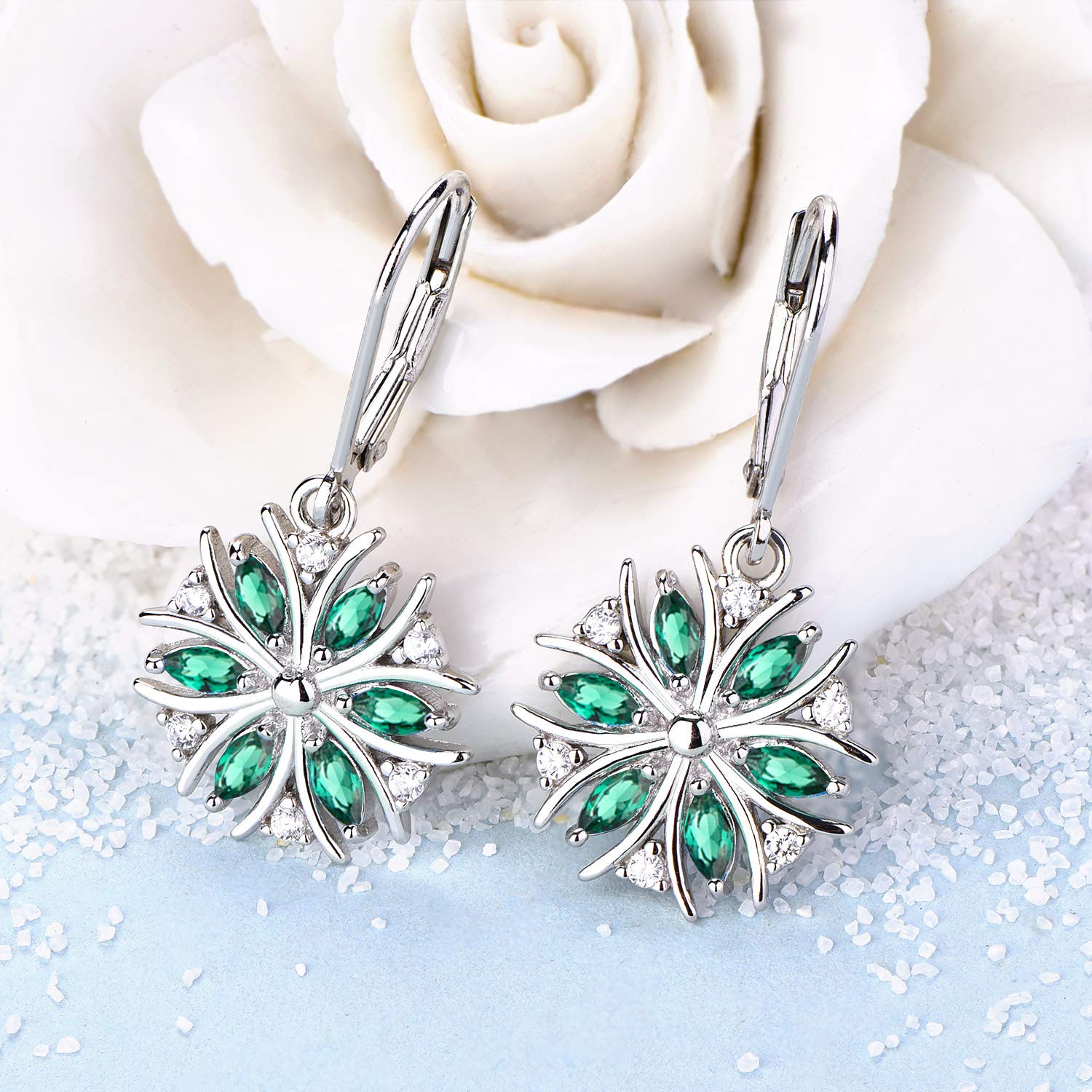 YL Snowflakes Earrings Sterling Silver Dangle Drop Earrings Created Emerald Leverback Jewelry for Women