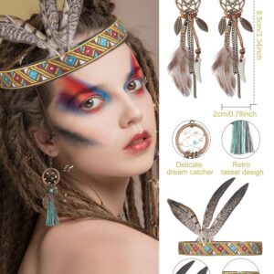 Hicarer 5 Pieces Indian Native American Jewelry Set Includes Feather Headdress Faux Peacock Feather Hair Band Boho Dream Catcher Dangle Earrings Choker Necklace Bracelet for Women Catcher Tassel